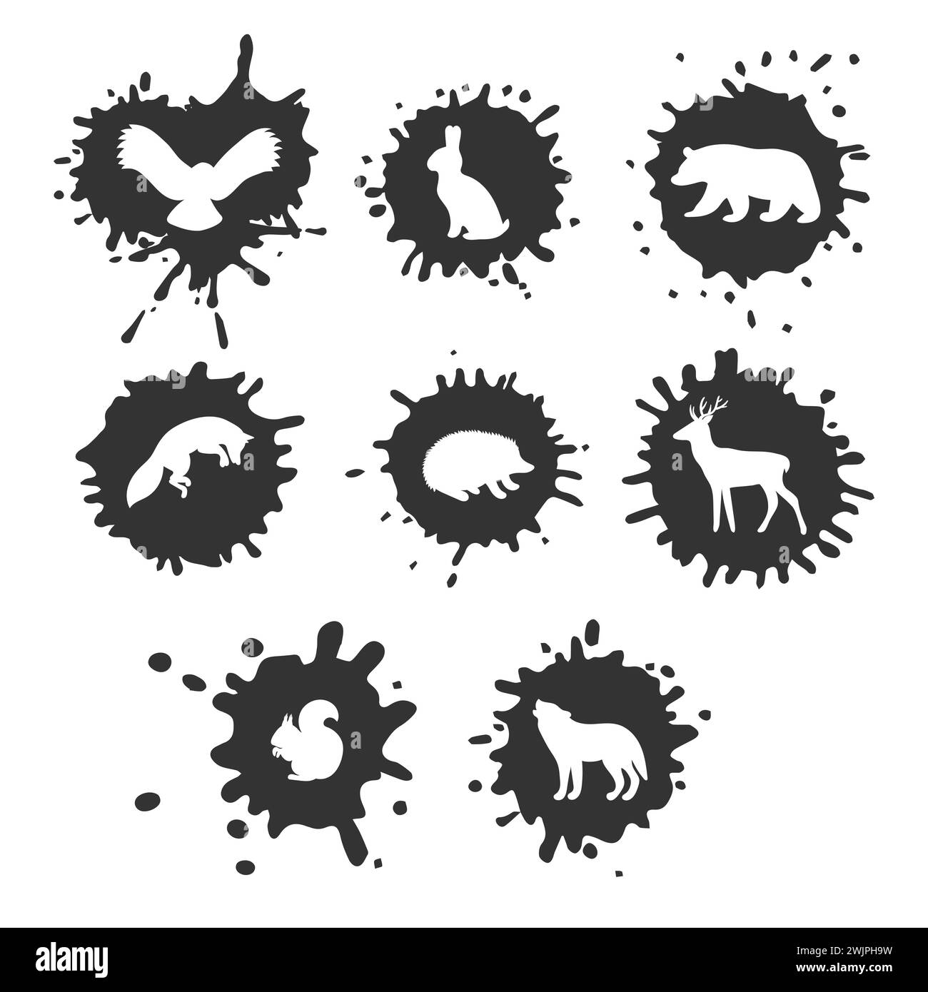 Forest animals. Wild woodland animals in a blot shape. Hand drawn ...