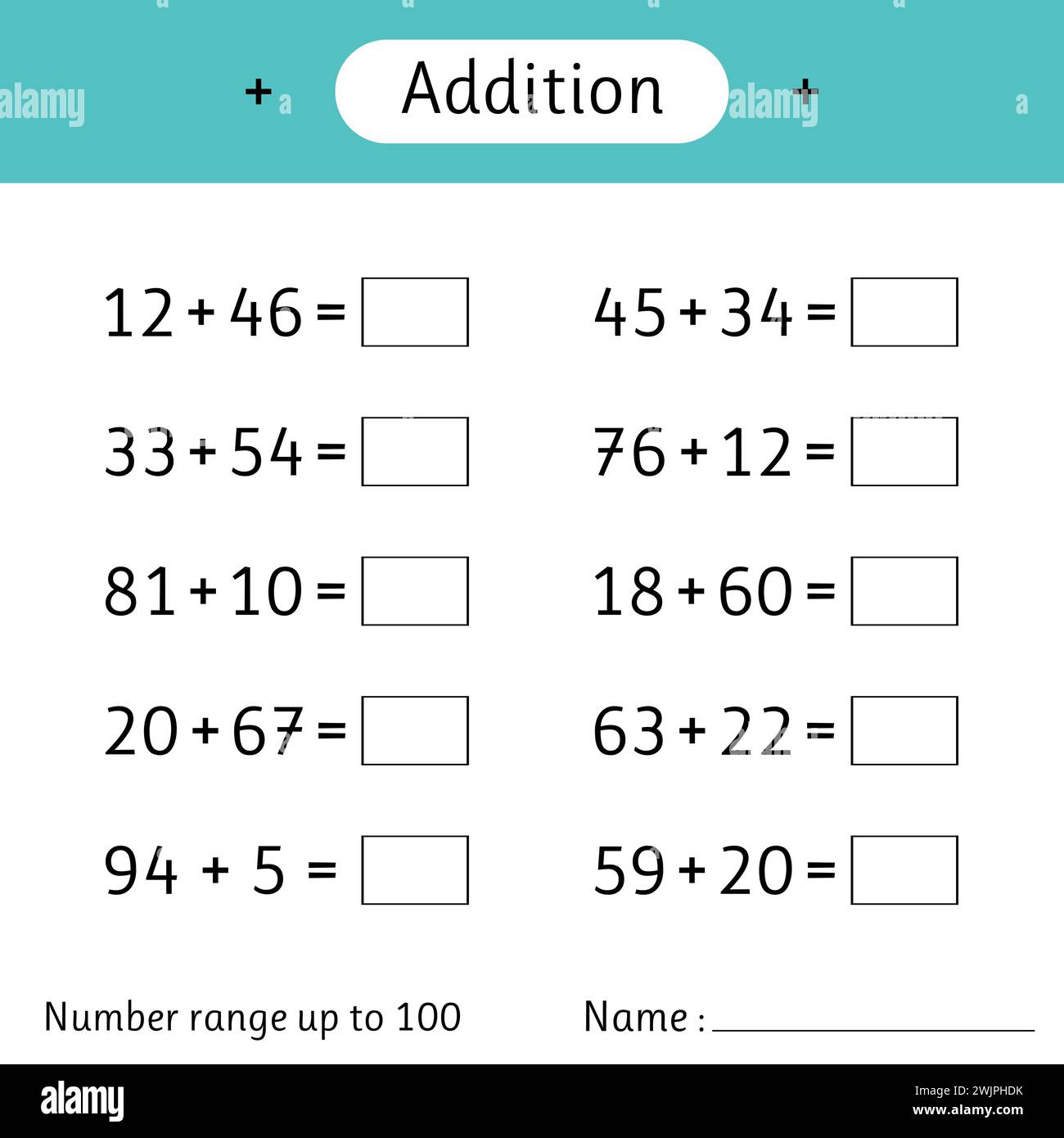 Addition. Number range up to 100. Math worksheet for kids. Solve ...