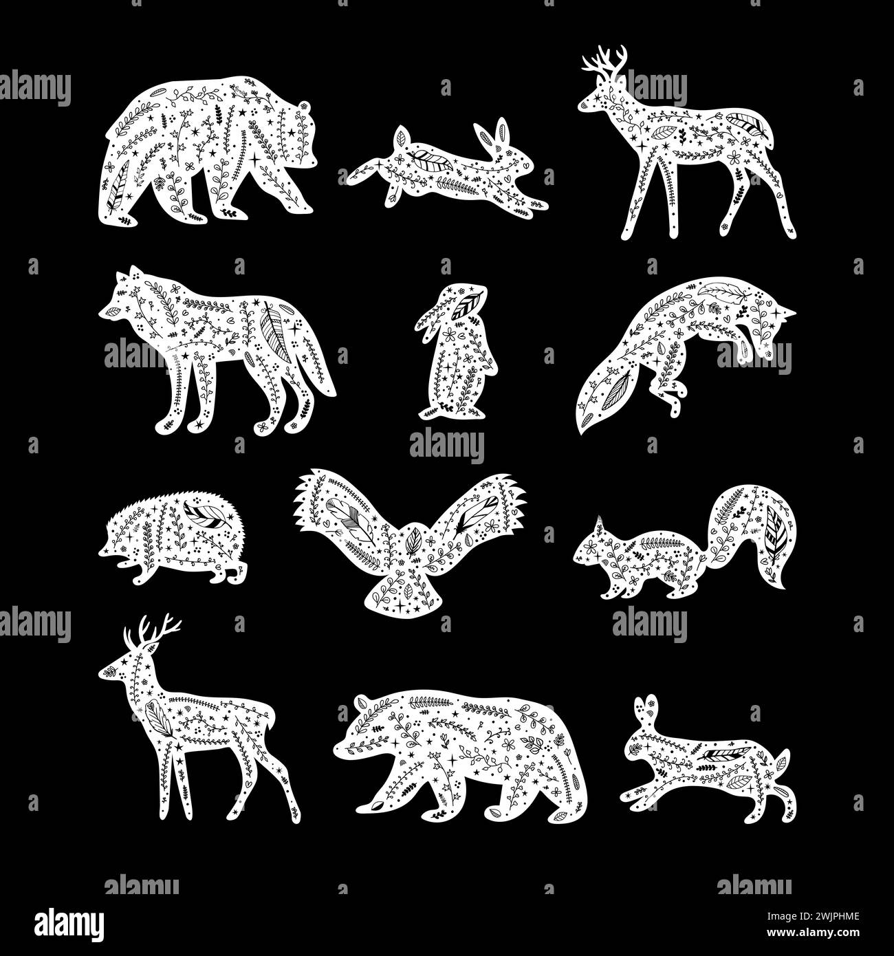 Forest animals with floral elements. Hand drawn silhouettes. Flourish ...