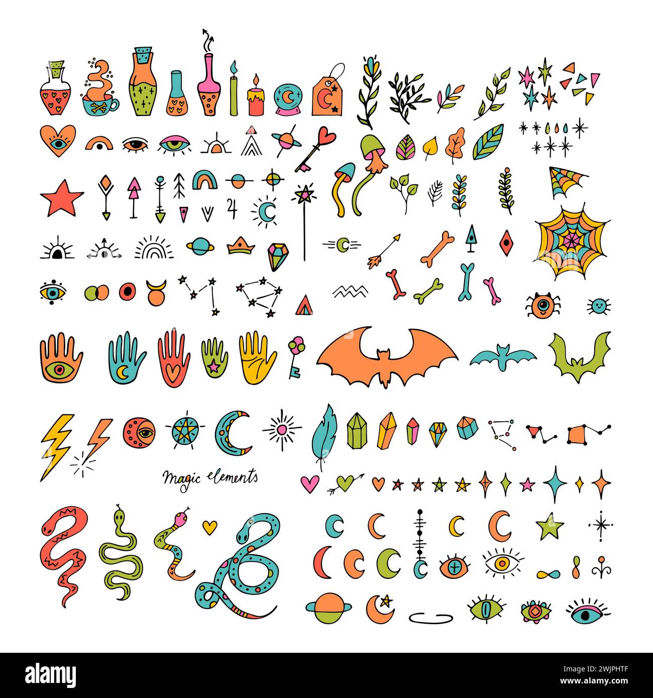 Magical witch set. Happy Halloween. Hand drawn, doodle, sketch magician ...