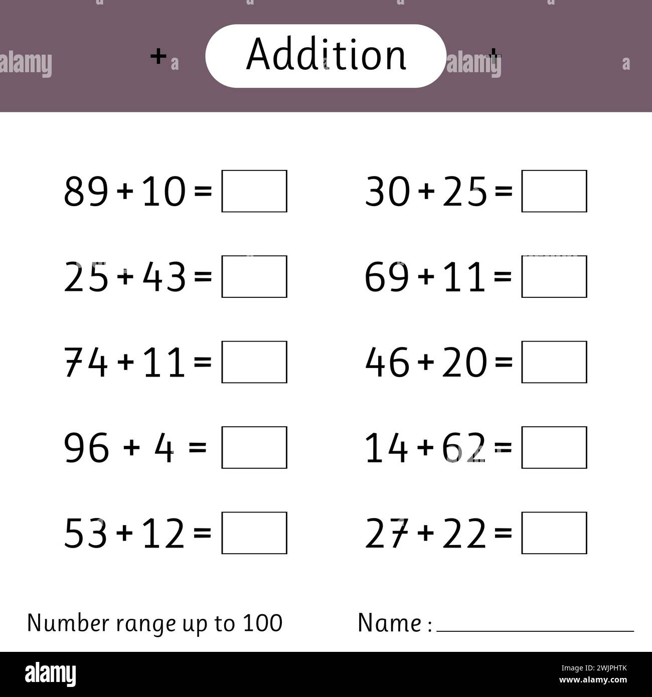 Addition. Number range up to 100. Math worksheet for kids. Solve ...