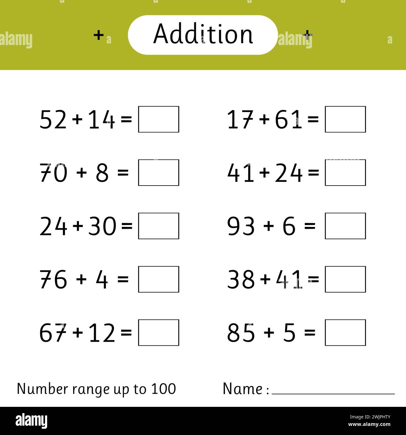 Addition. Number range up to 100. Math worksheet for kids. Solve ...