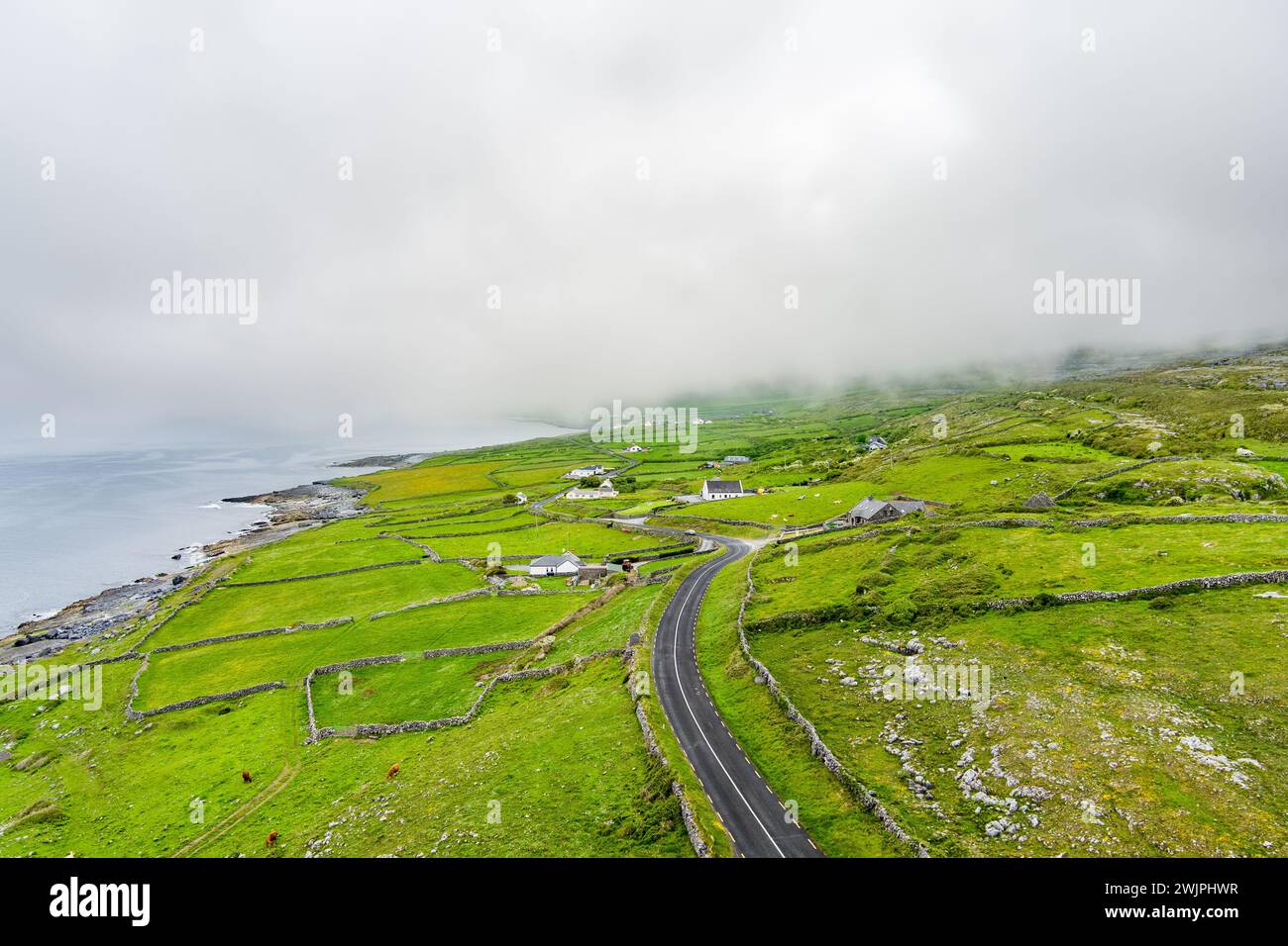 Spectacular misty aerial landscape in the Burren region of County Clare ...