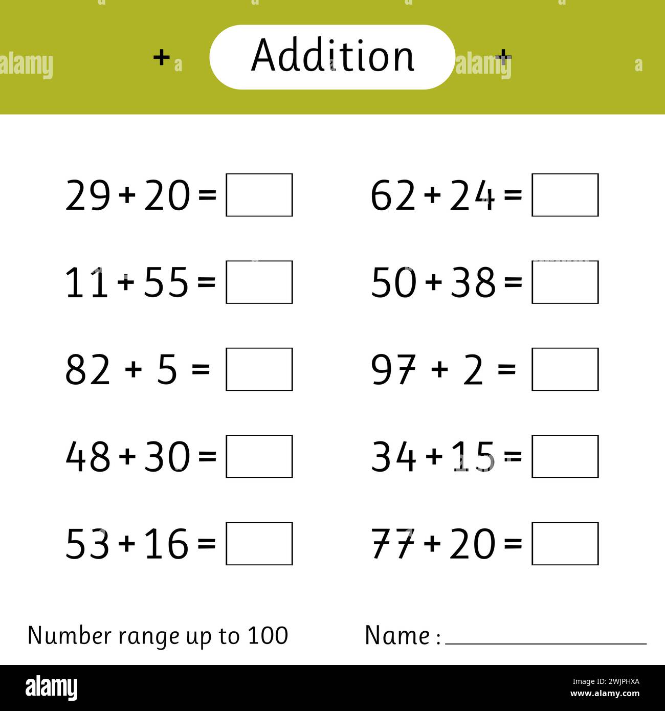 Addition. Number range up to 100. Math worksheet for kids. Solve ...