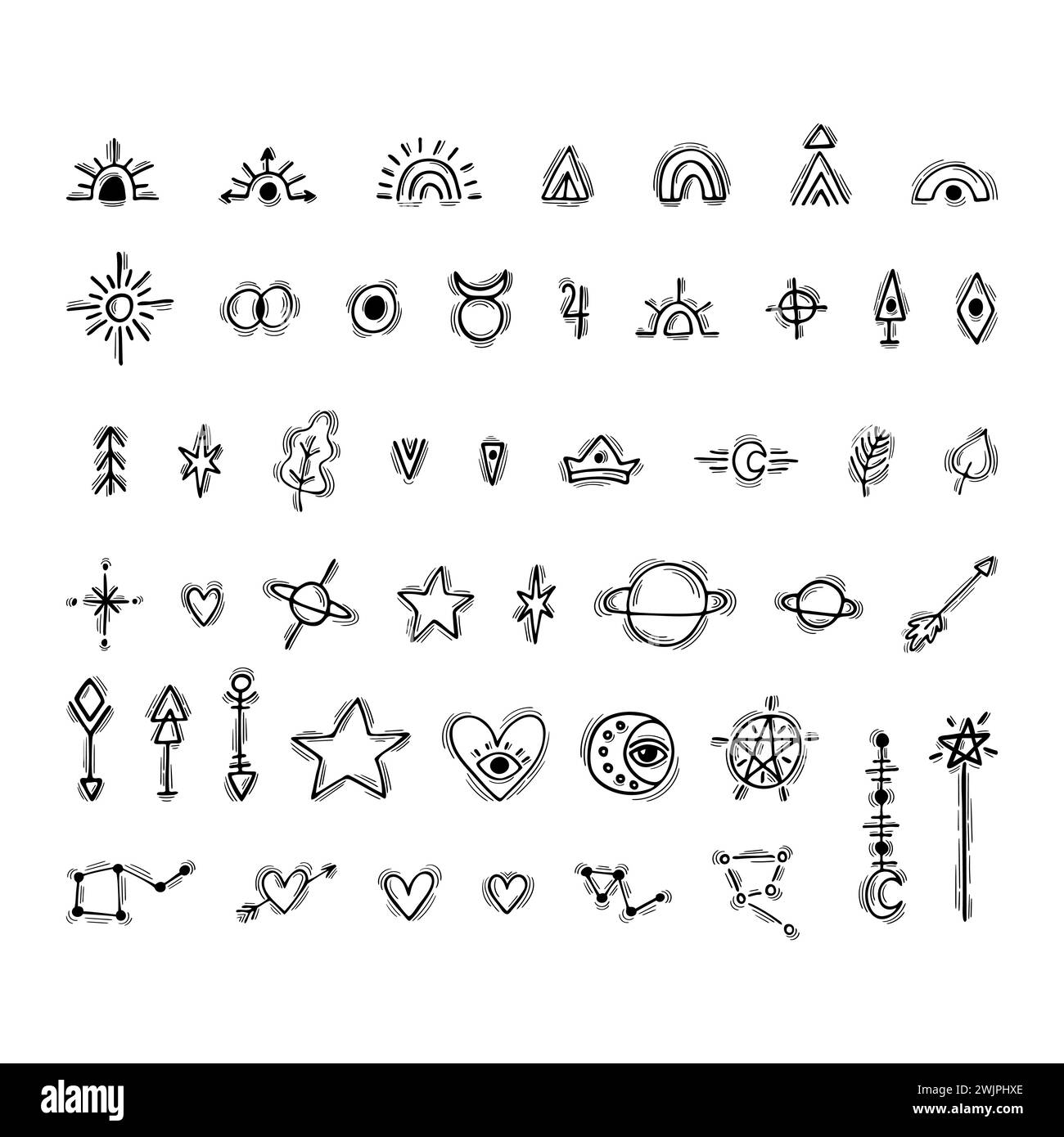 Hand drawn magical symbols. Witchy esoteric alchemy doodle icons ...