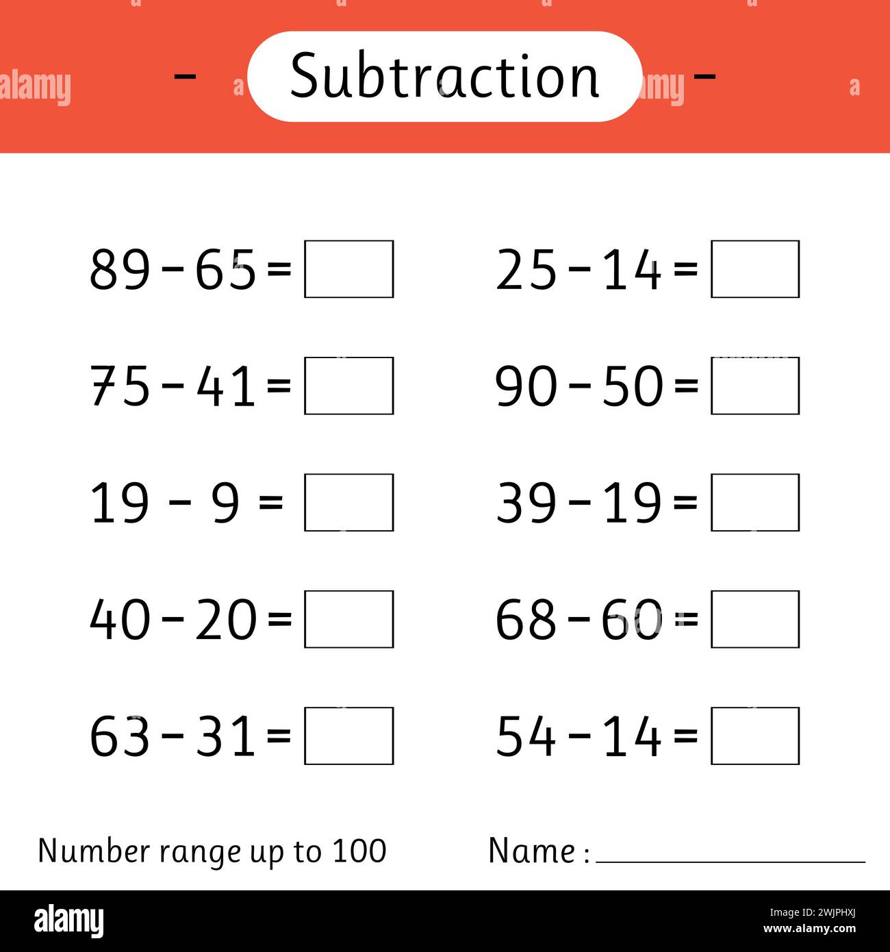 Subtraction. Number range up to 100. Math worksheet for kids. Solve ...