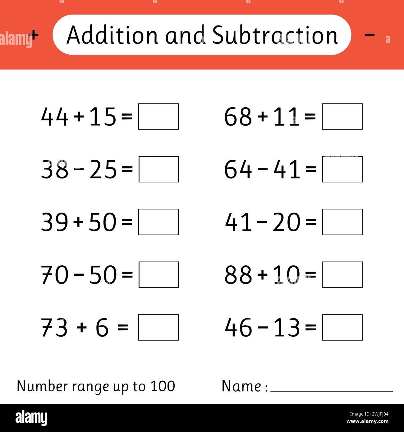 Addition and Subtraction. Number range up to 100. Math worksheet for kids. Solve examples and ...