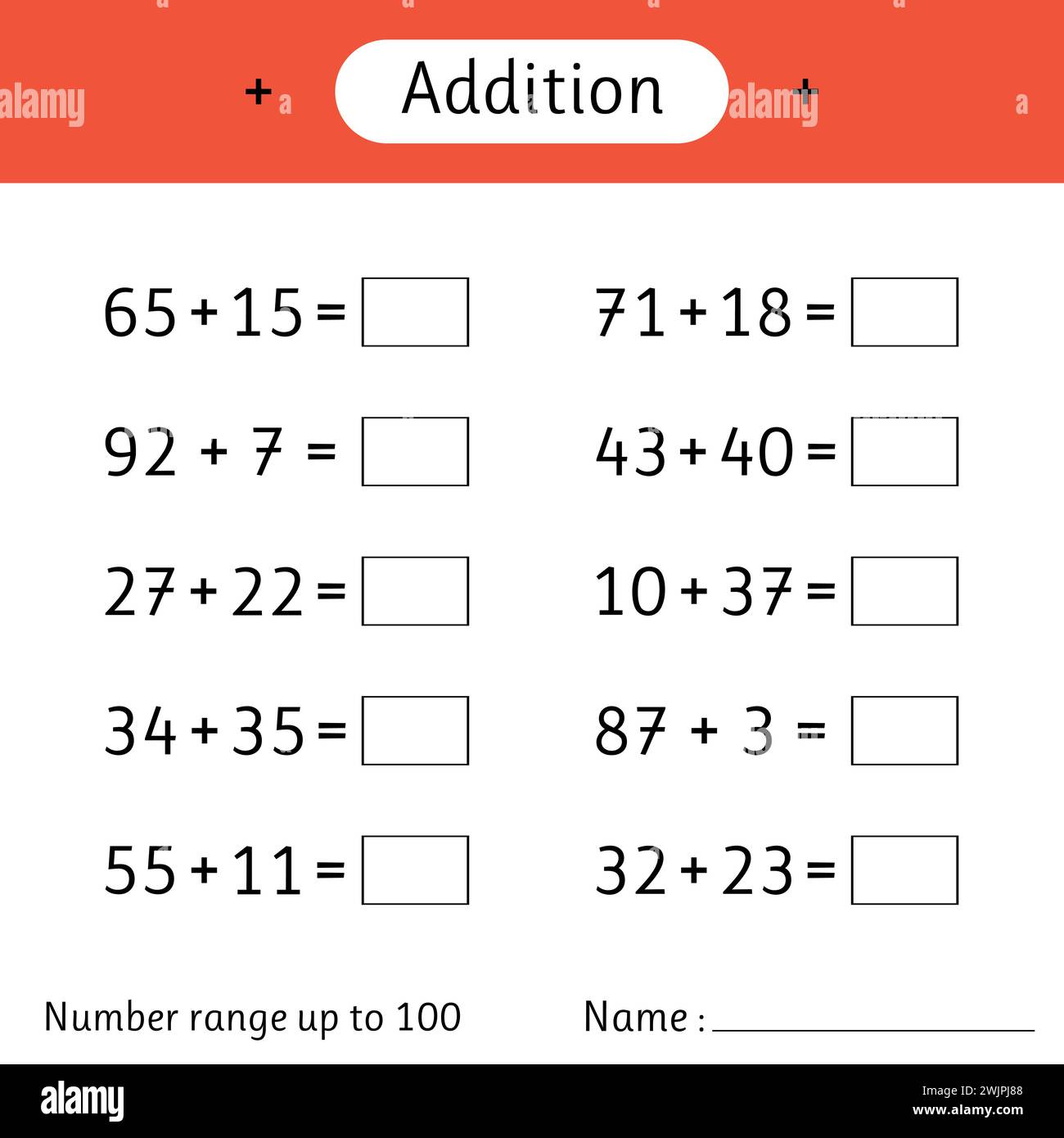 Addition. Number range up to 100. Math worksheet for kids. Developing ...