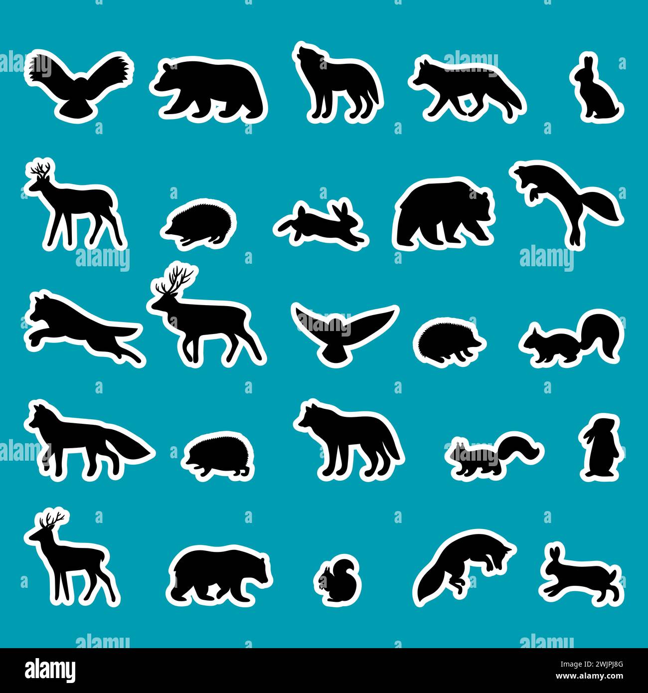 Forest animals. Silhouettes, stickers. Black outline of wild woodland ...