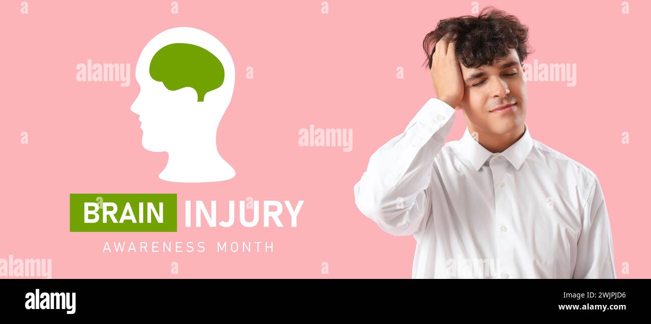 Banner for Brain Injury Awareness Month with young man suffering from ...