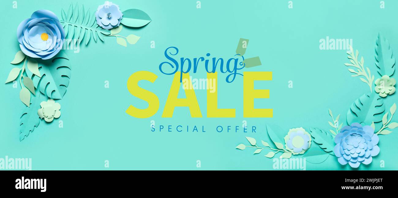 Banner with text SPRING SALE SPECIAL OFFER, paper flowers and leaves on ...