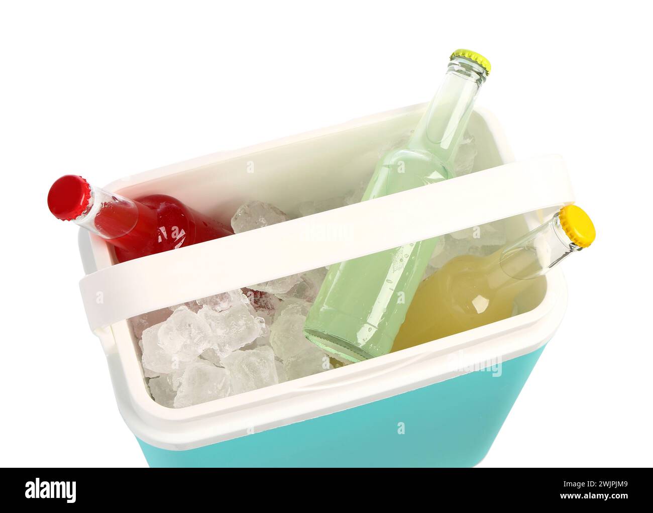 Modern beach cooler with ice cubes and bottles of cold drink on white ...