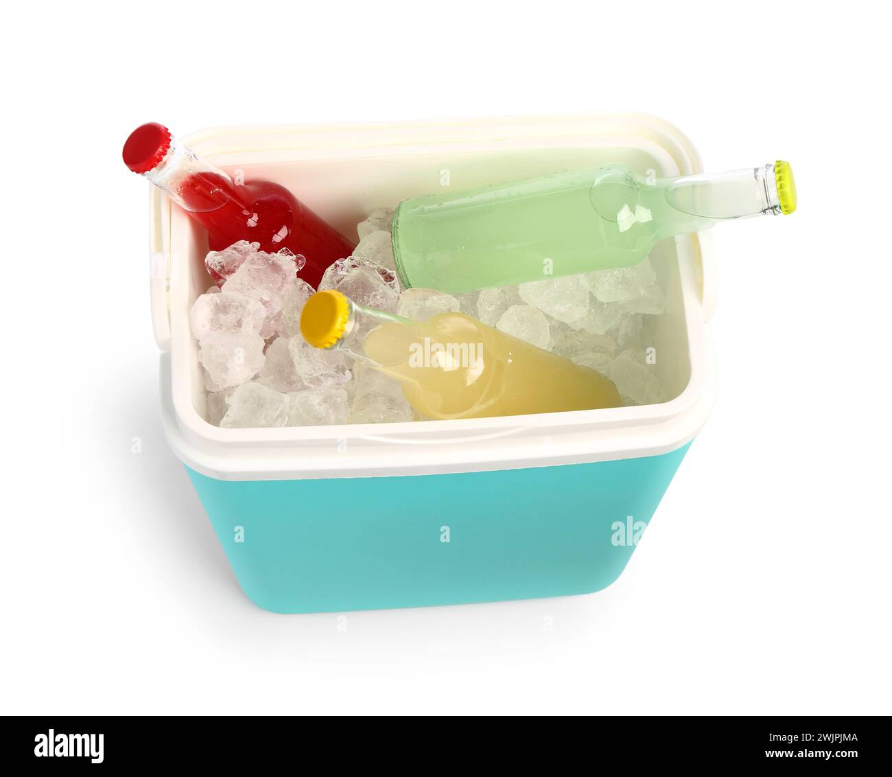 Modern beach cooler with ice cubes and bottles of cold drink on white ...