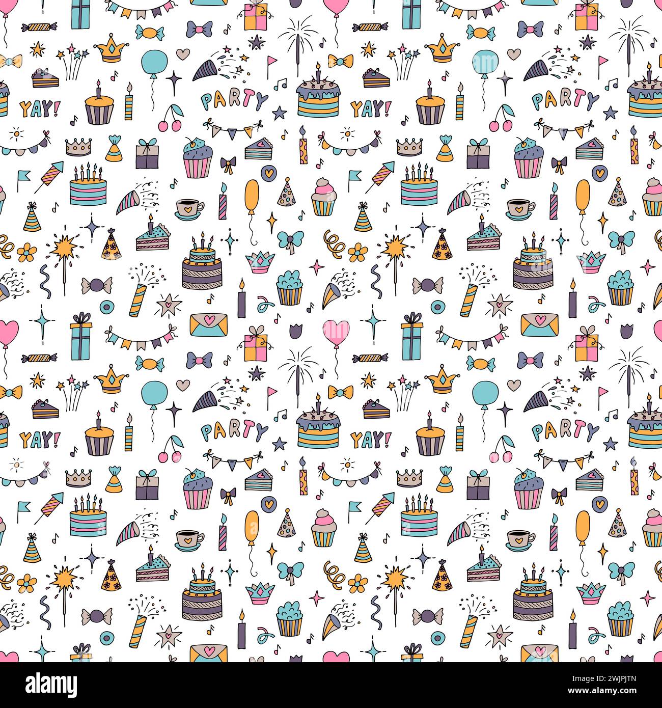 Hand drawn Birthday seamless pattern. Happy Birthday print. Cute party ...