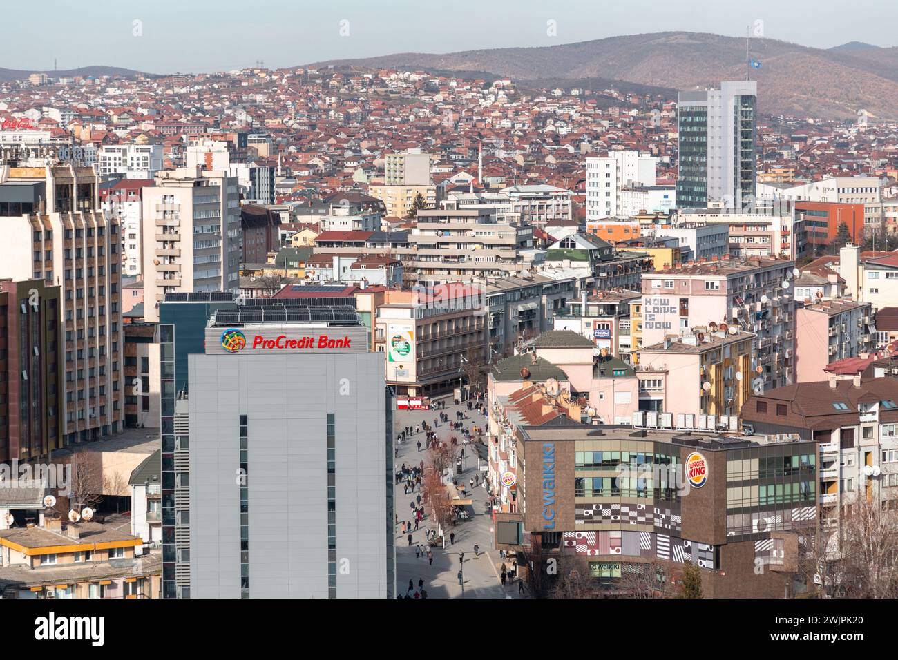Pristina, Kosovo - February 5, 2024: Aerial street view from the Cathedral of Mother Teresa in ...