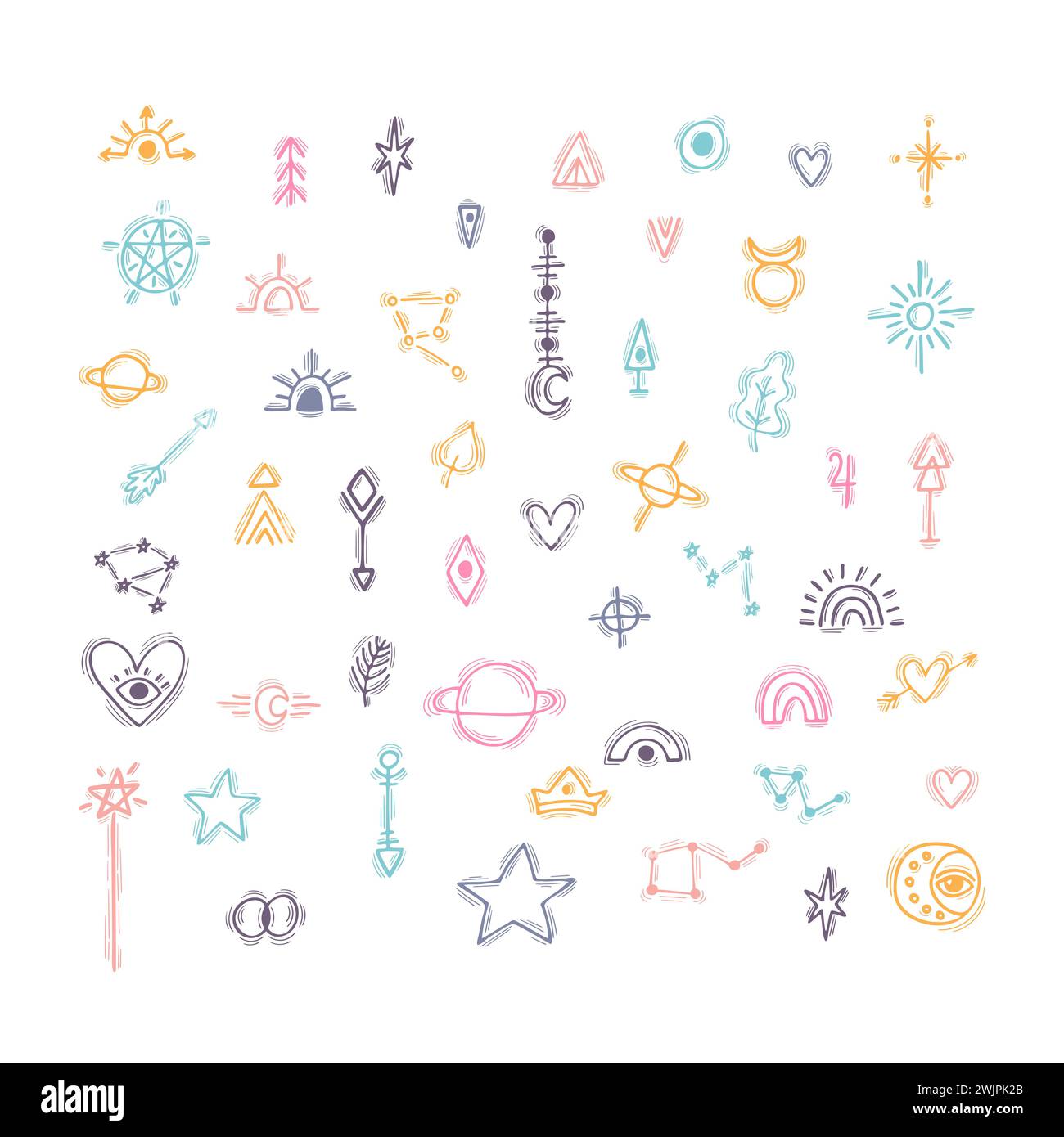 Hand drawn magical symbols. Witchy esoteric boho doodle icons. Mysterious elements. Vector ...