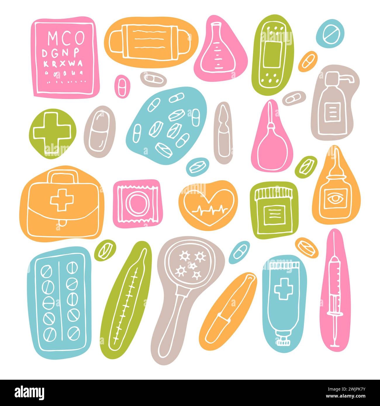 Hand drawn medicine icons. Health care, pharmacy, first aid. Outline ...