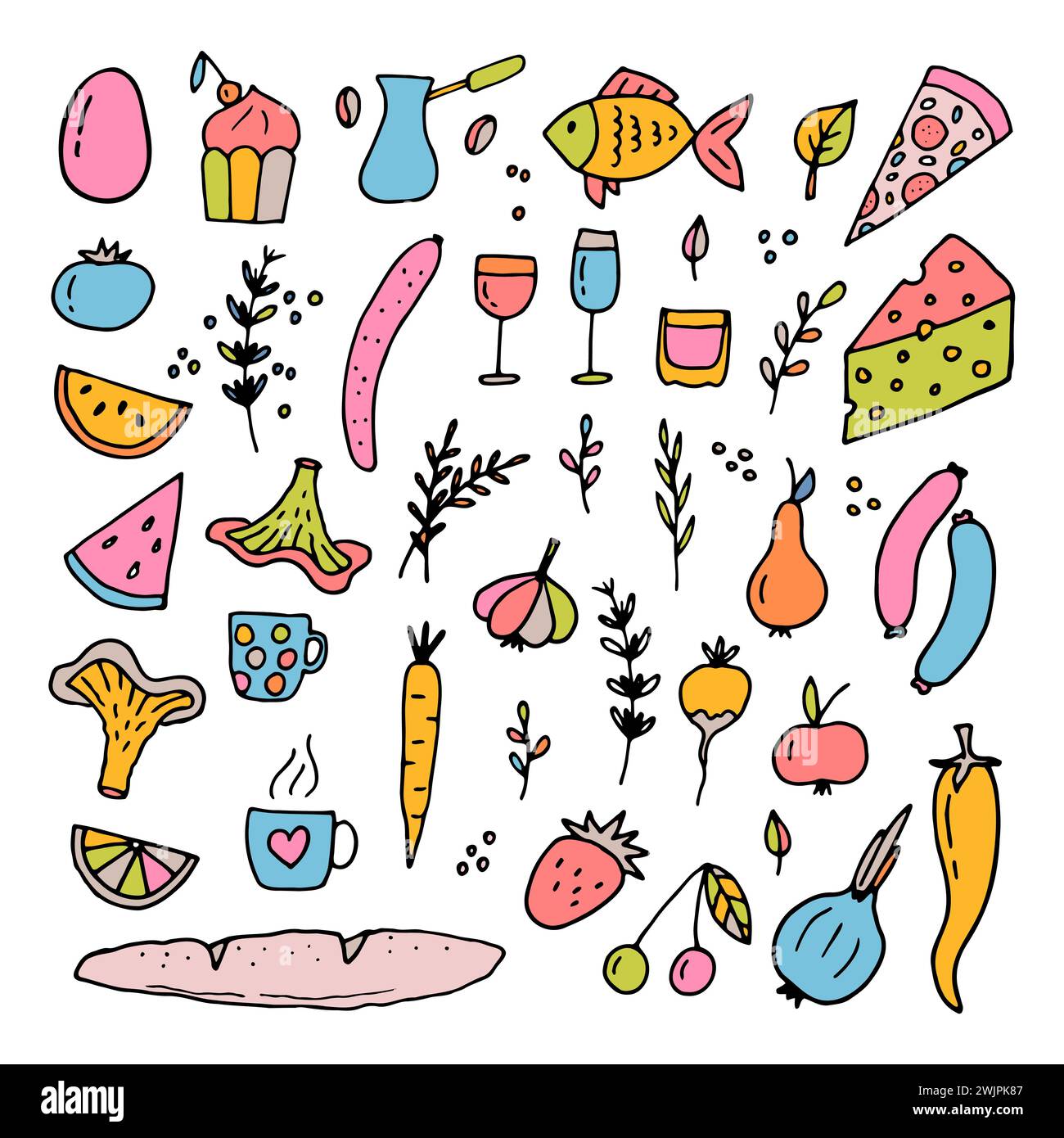 Hand drawn set of different food and drinks. Doodle style. Healthy food ...