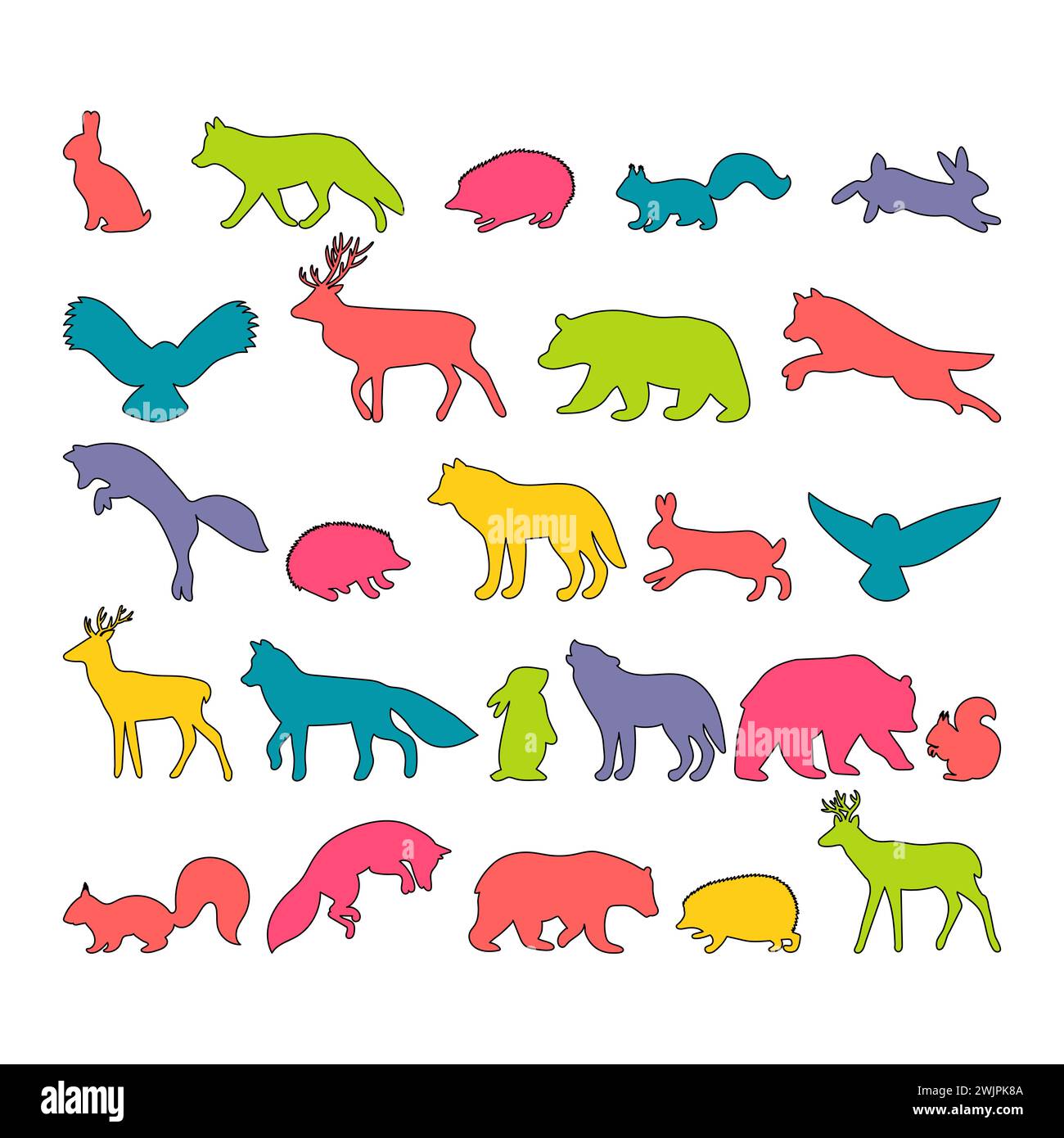 Hand drawn silhouettes. Forest animals. Outline wild woodland animals ...