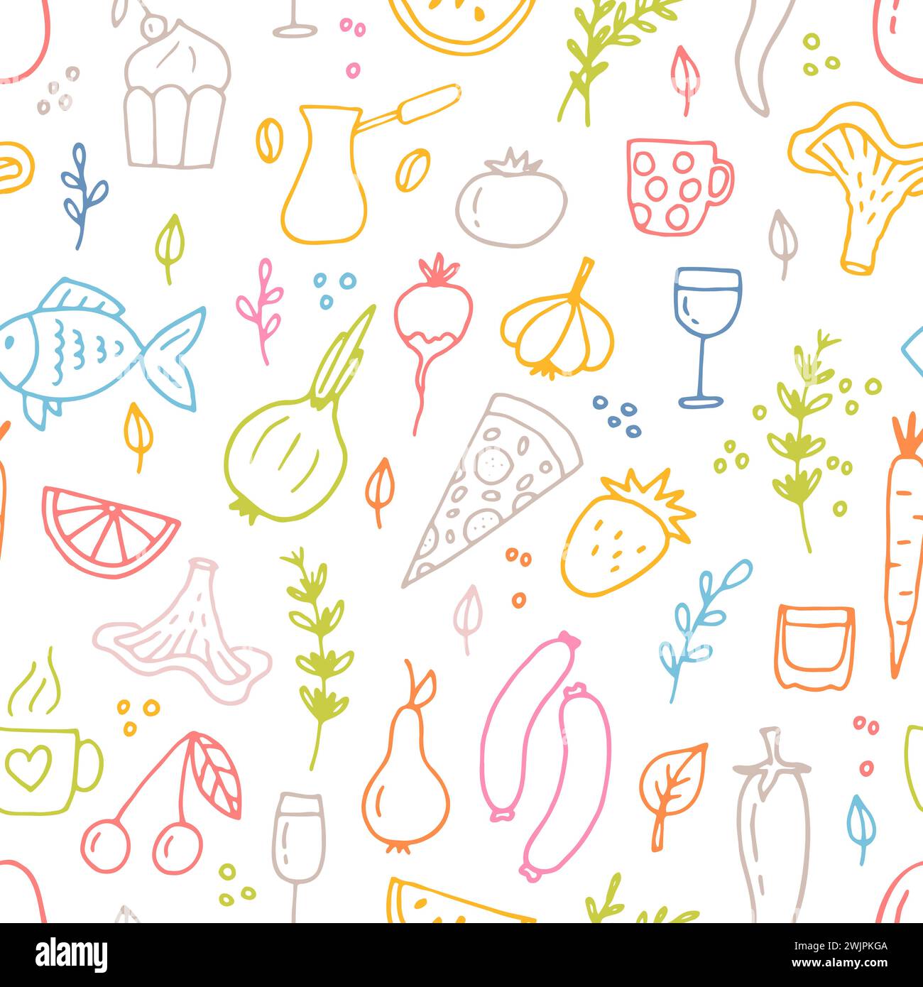 Hand drawn seamless pattern with different type of food and drinks ...