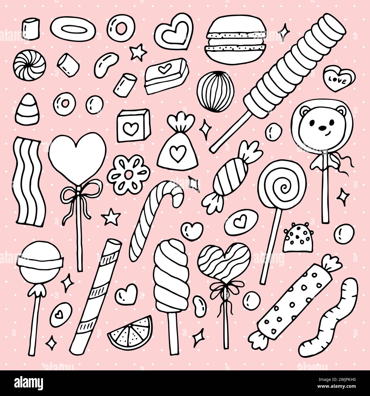 Hand drawn set of sweets and candies. Desserts, chocolate, macaroons ...