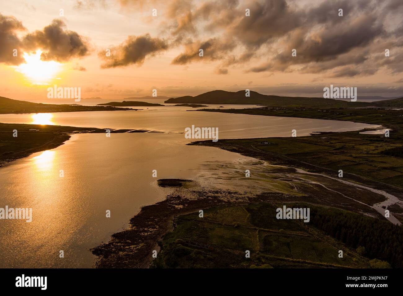 Aerial sunset view of Derreen river along the Ring of Kerry route ...