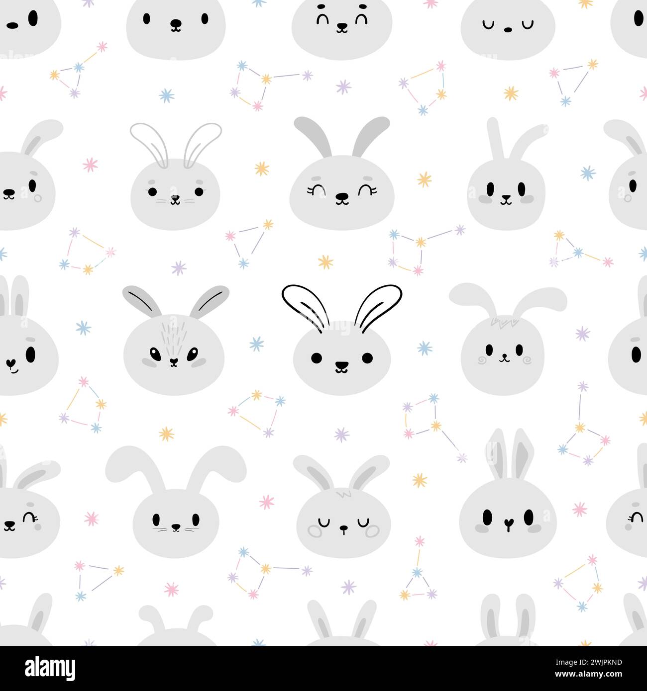Seamless pattern with cute little bunny. Hand drawn background with ...