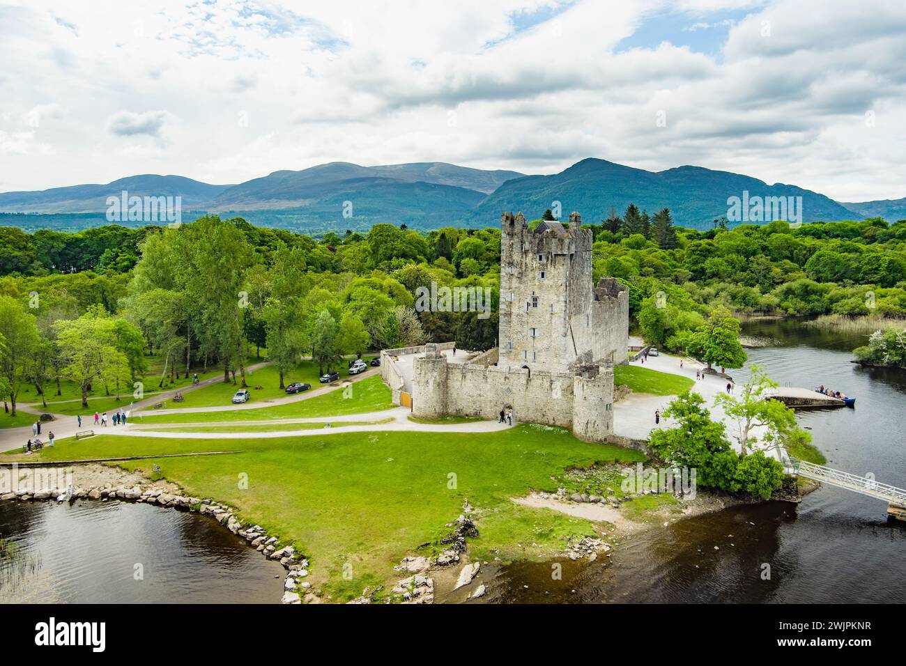 Aerial view of Ross Castle, 15th-century tower house and keep on the ...