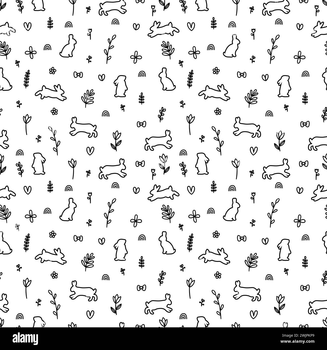 Hand drawn seamless pattern with rabbits silhouettes. Hare, cute bunny ...