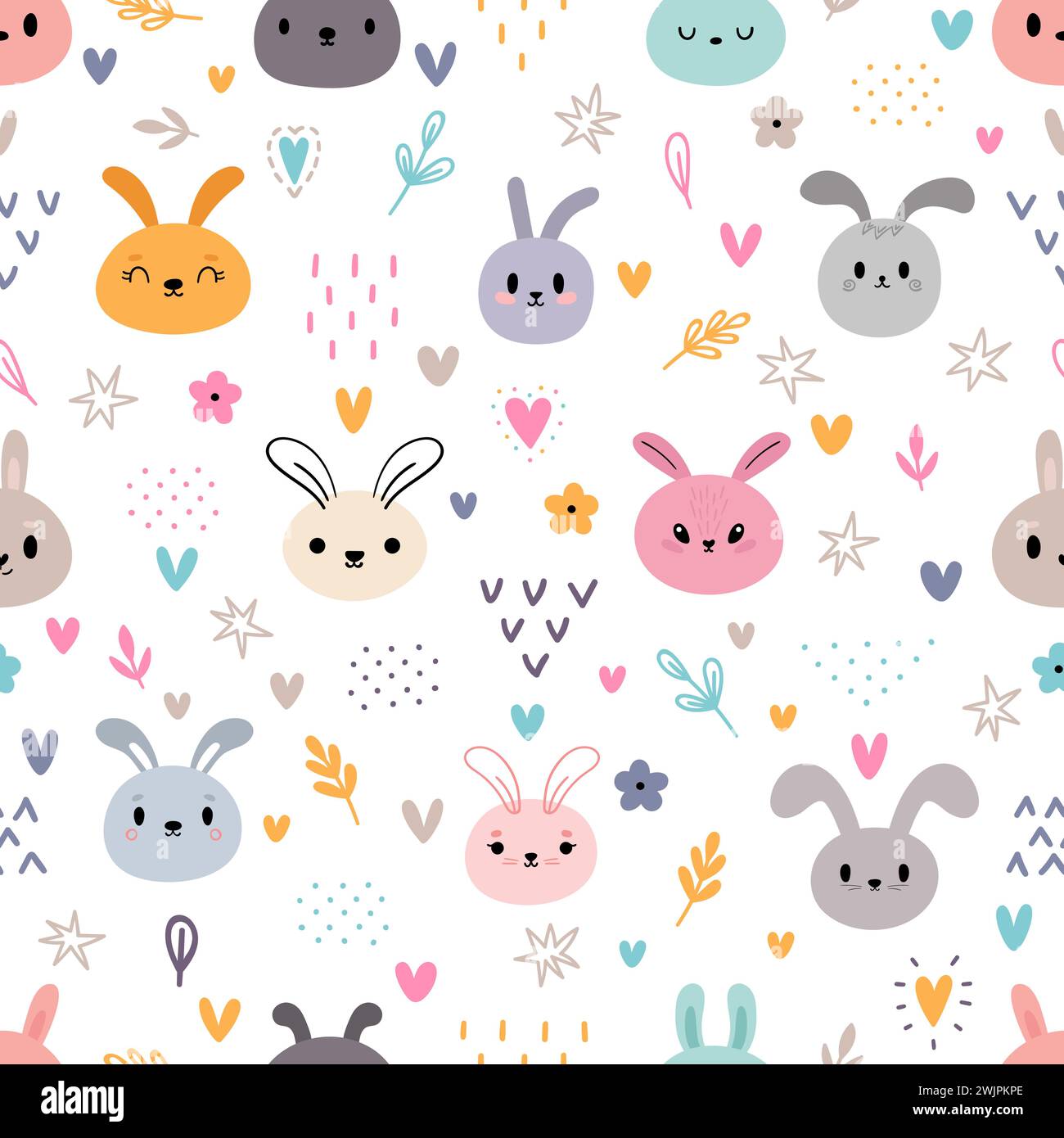 Cute seamless pattern with cartoon rabbits. Kawaii bunny. Hand drawn ...