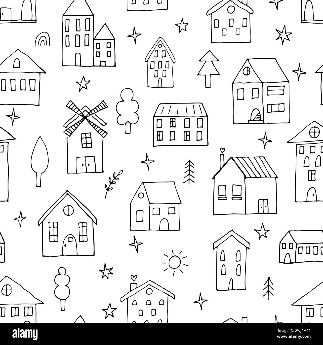 Cute seamless pattern with hand drawn houses. Buildings. Doodle style ...