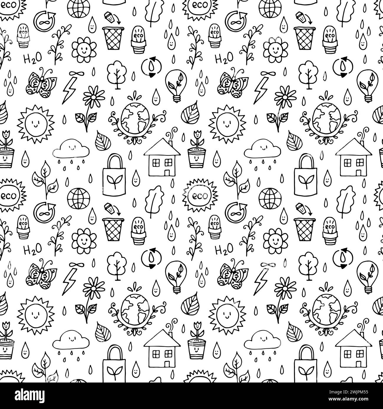 Seamless Pattern With Outline Eco Icons And Recycles Symbols Save The Planet Hand Drawn