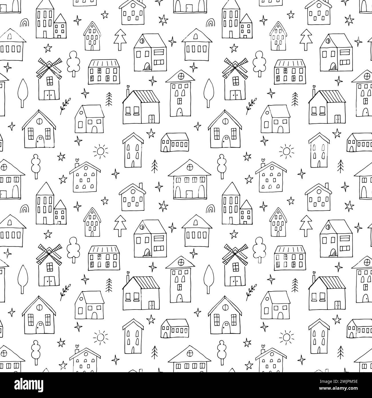 Cute seamless pattern with hand drawn houses. Buildings. Doodle style ...