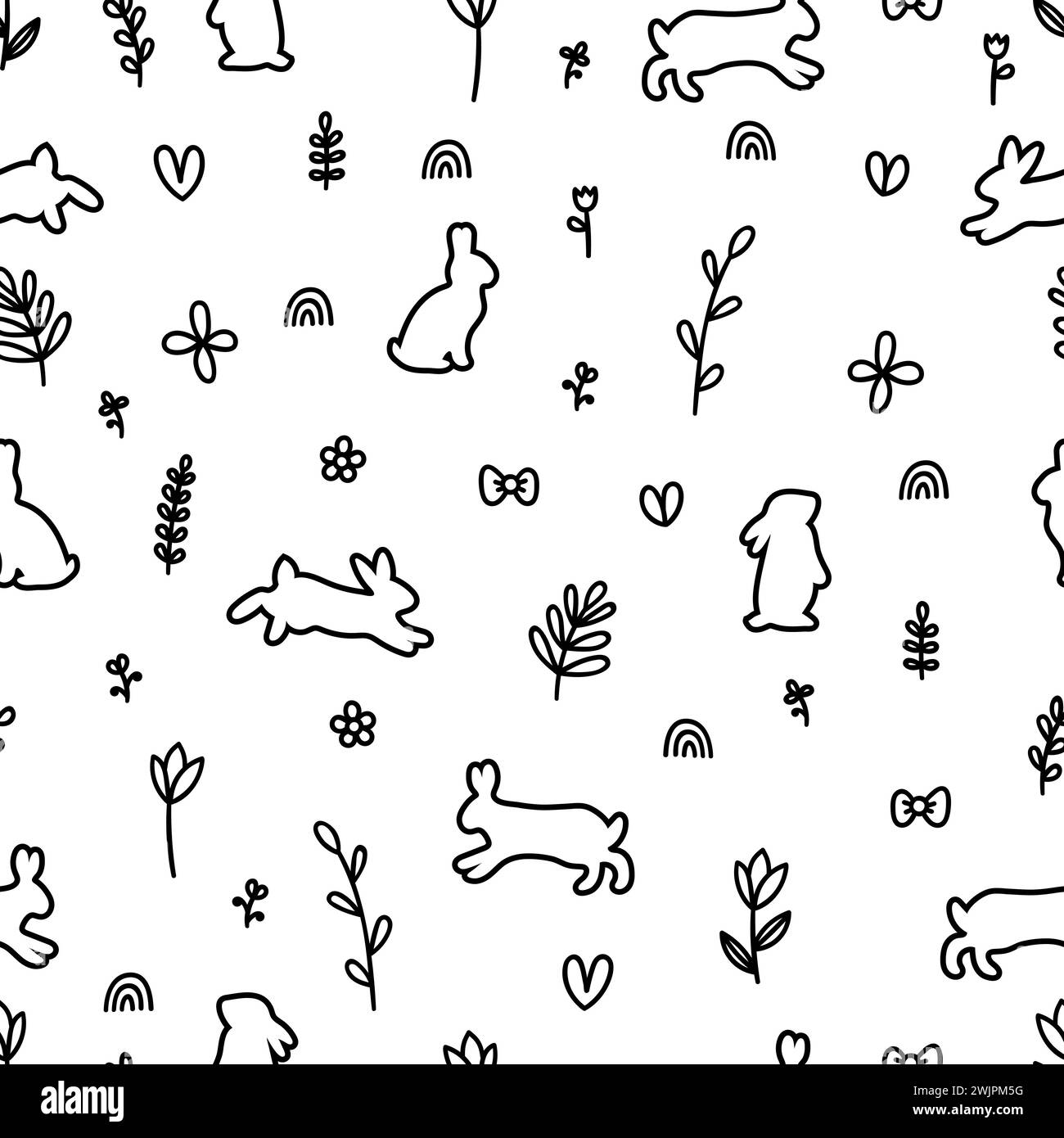 Hand drawn seamless pattern with rabbits silhouettes. Hare, bunny ...