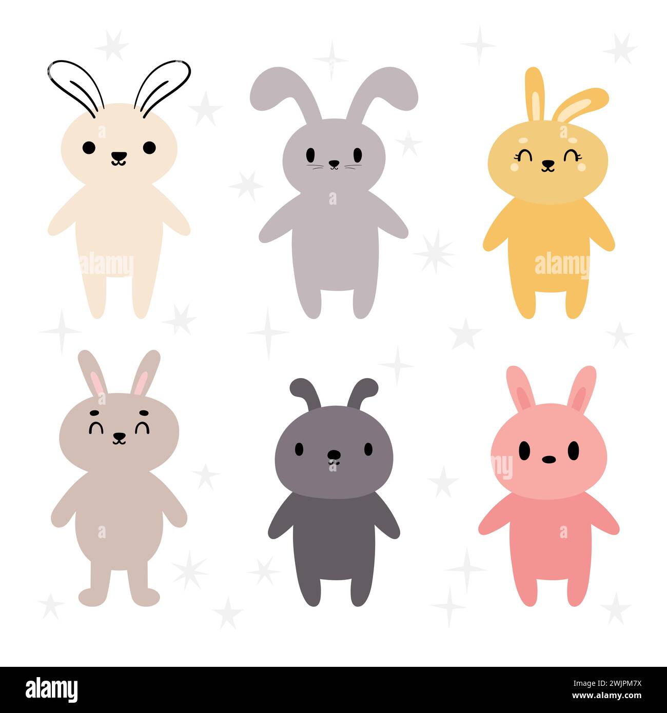 Set of cute kawaii rabbits. Little bunny. Cartoon character. Funny ...