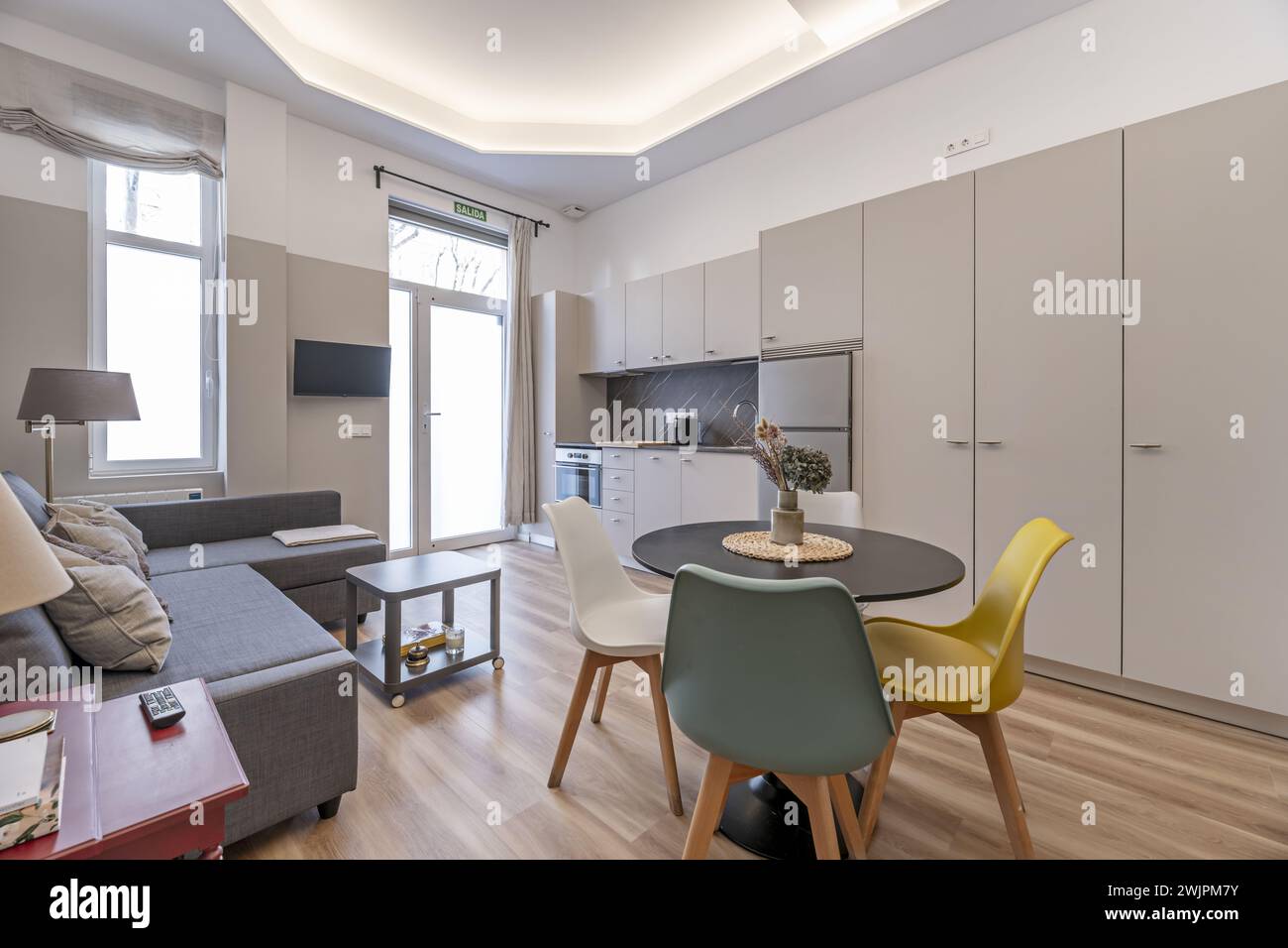 Small loft-style home with sofa with chaise lounge upholstered in dark ...