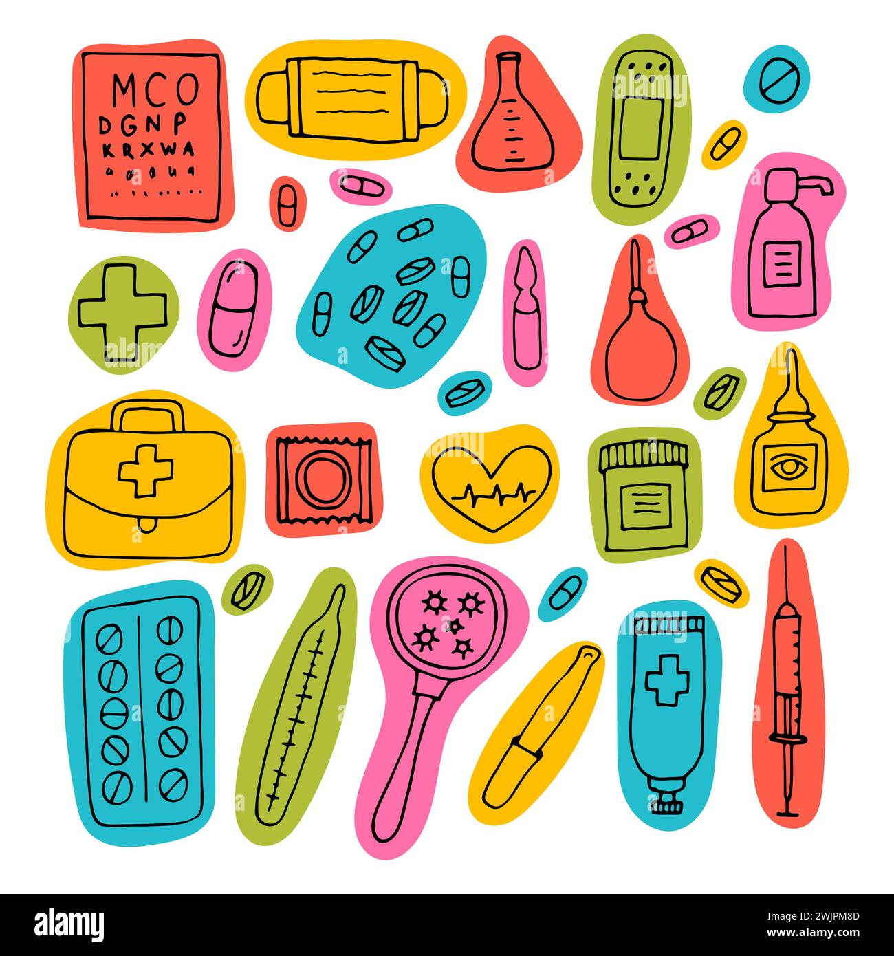 Hand drawn medicine icons. Health care, pharmacy, first aid. Outline ...