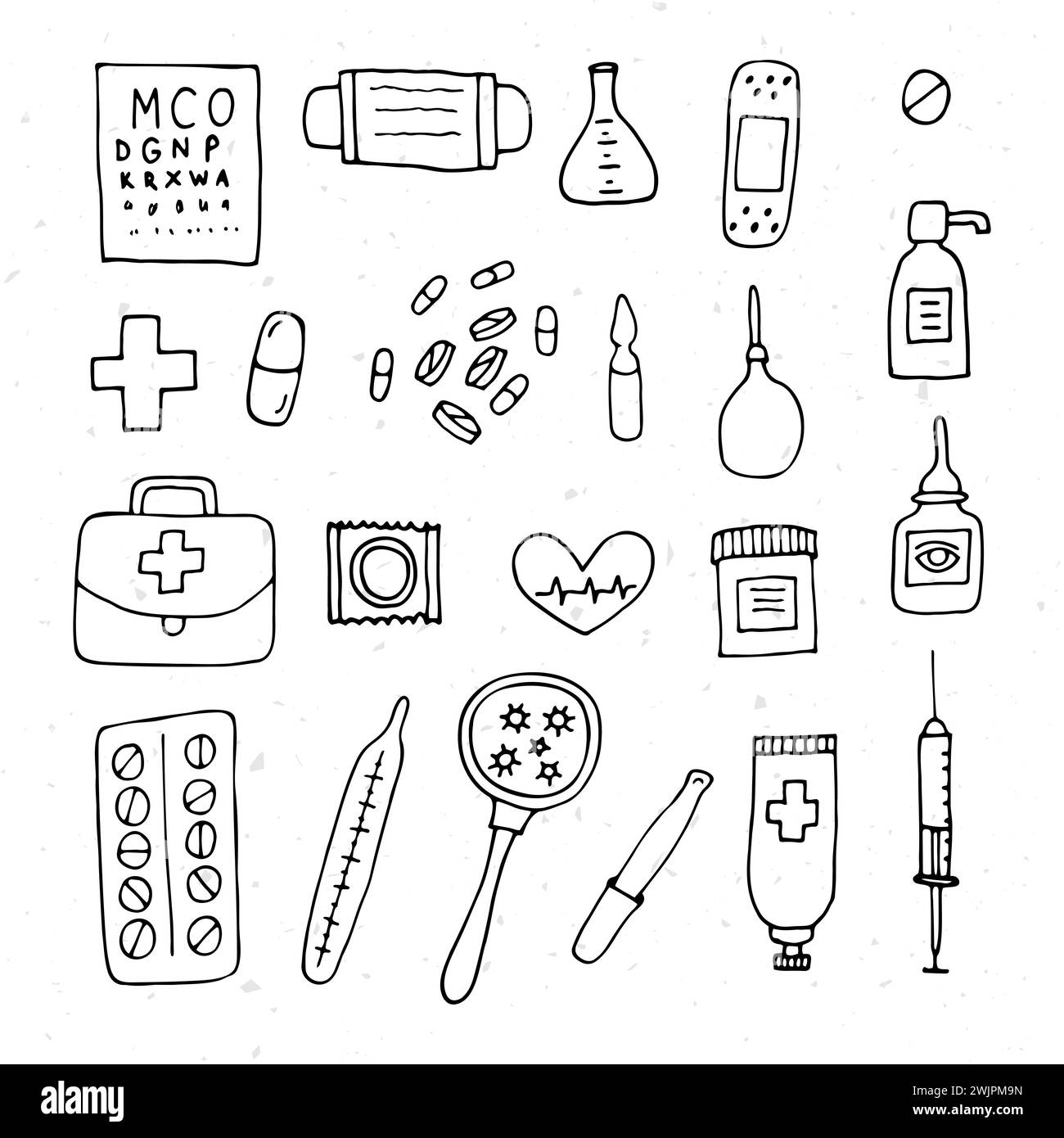 Hand drawn medicine icons. Health care, pharmacy, first aid. Outline ...