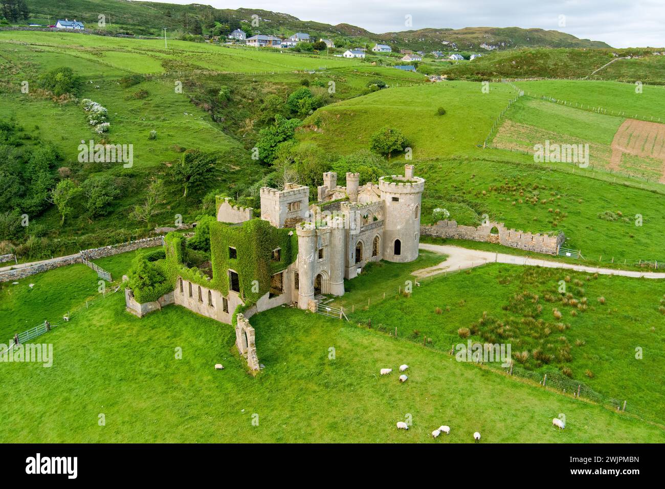 Aerial view of Clifden Castle, ruined manor house, standing on famous ...