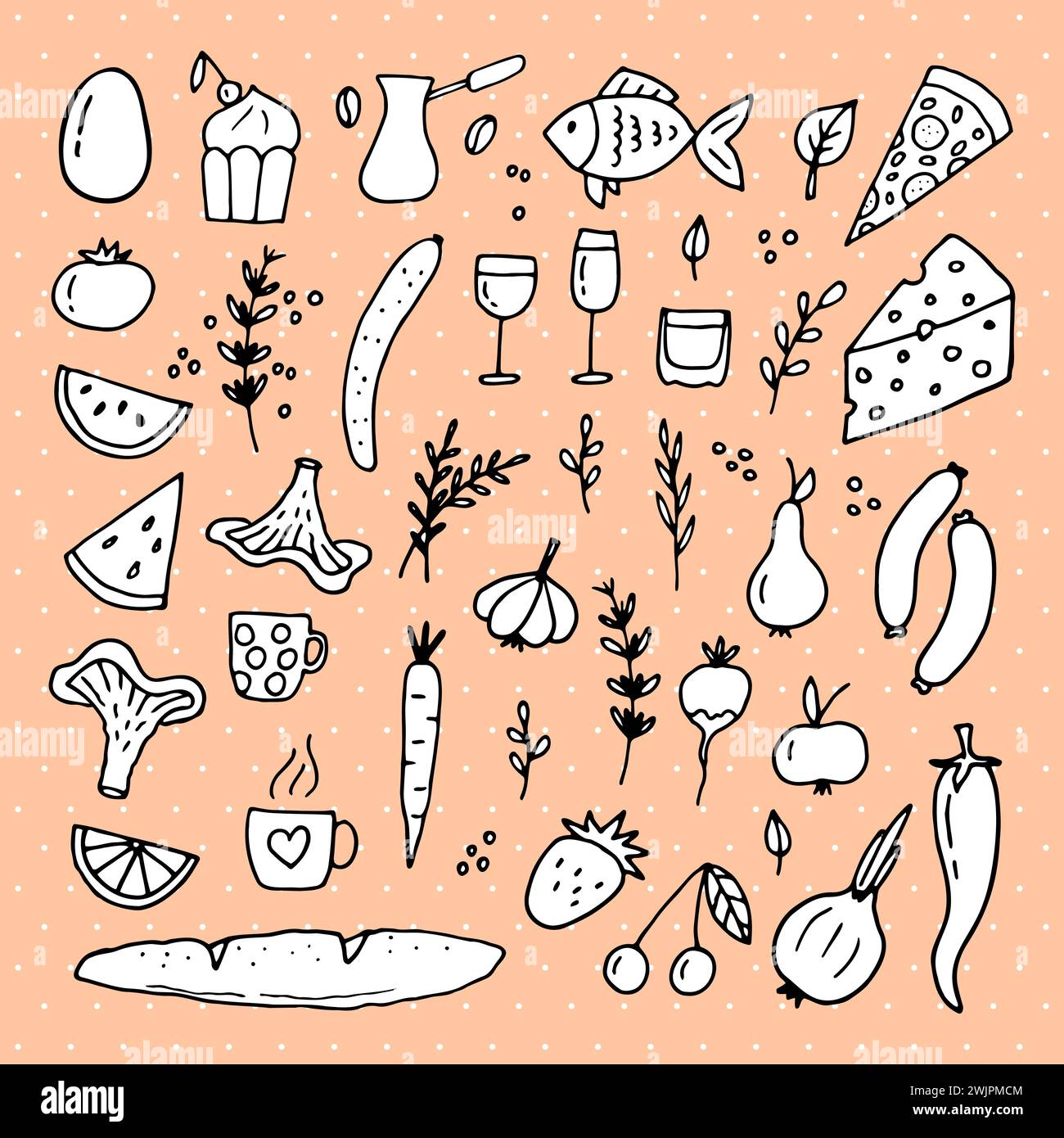 Hand drawn set of different food and drinks. Doodle style. Healthy food ...