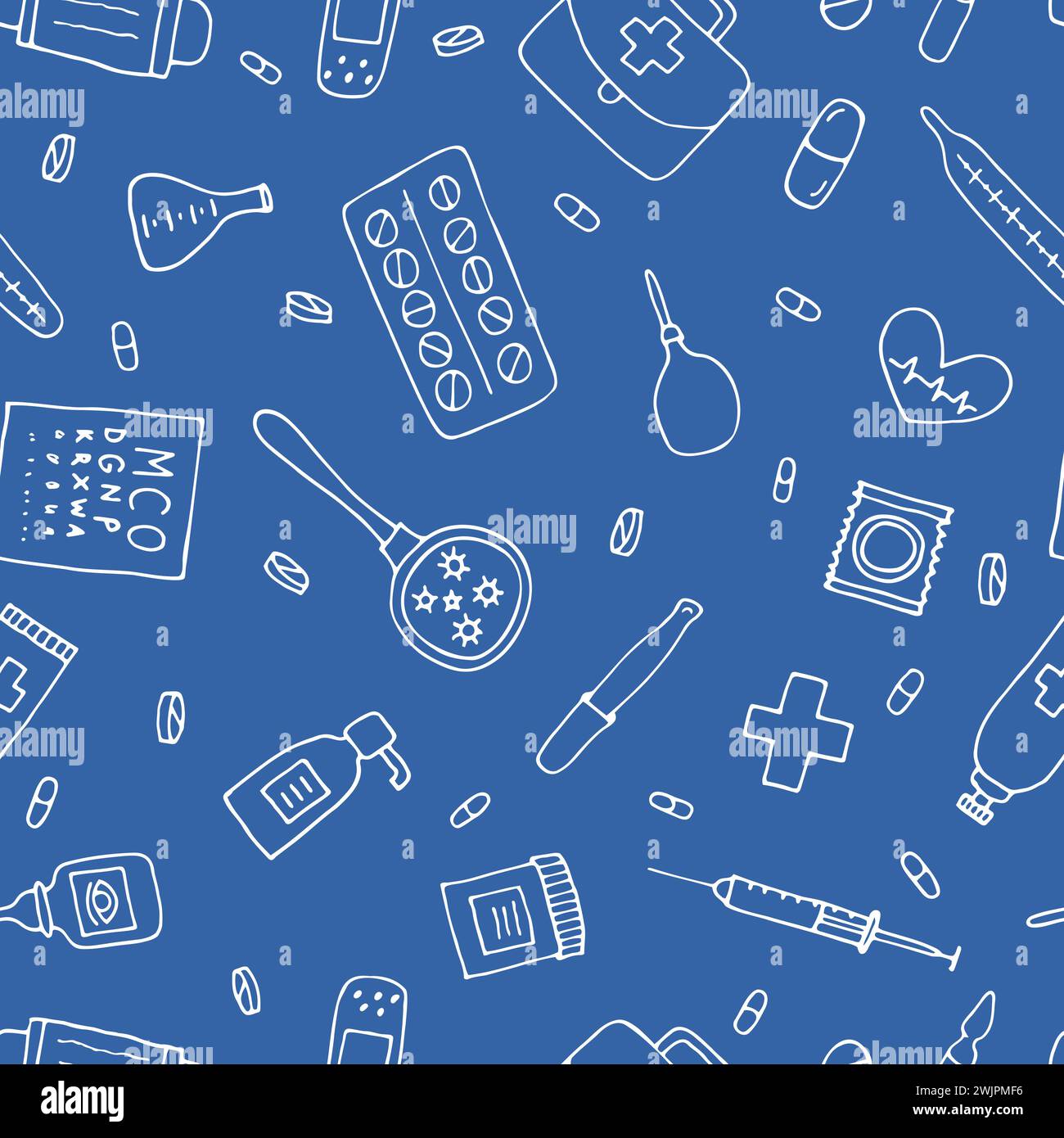 Health care seamless pattern. Hand drawn medicine elements. Pharmacy ...