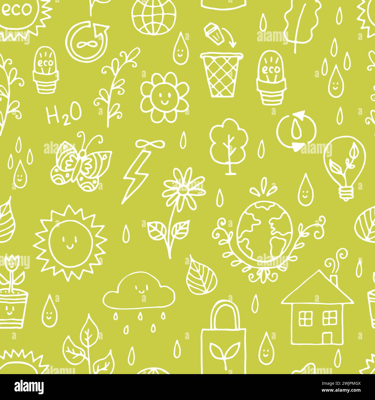 Seamless pattern with outline eco icons and recycles symbols. Save the ...