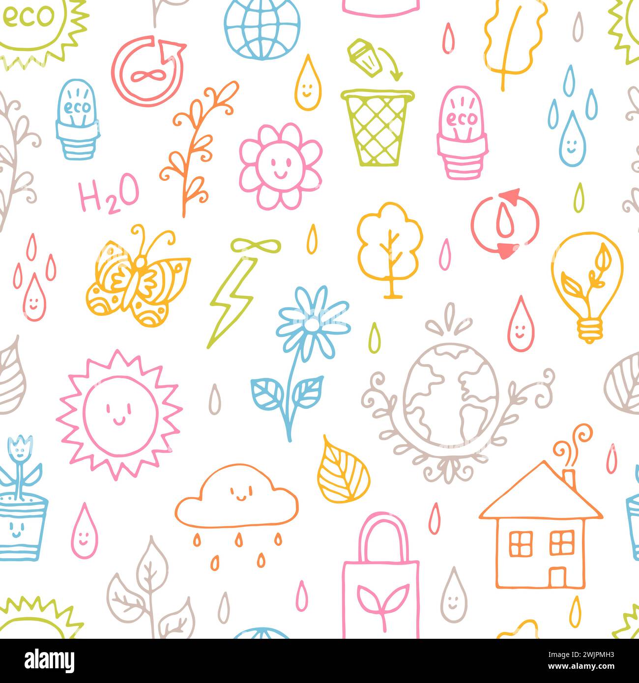 Seamless pattern with outline eco icons and recycles symbols. Save the ...