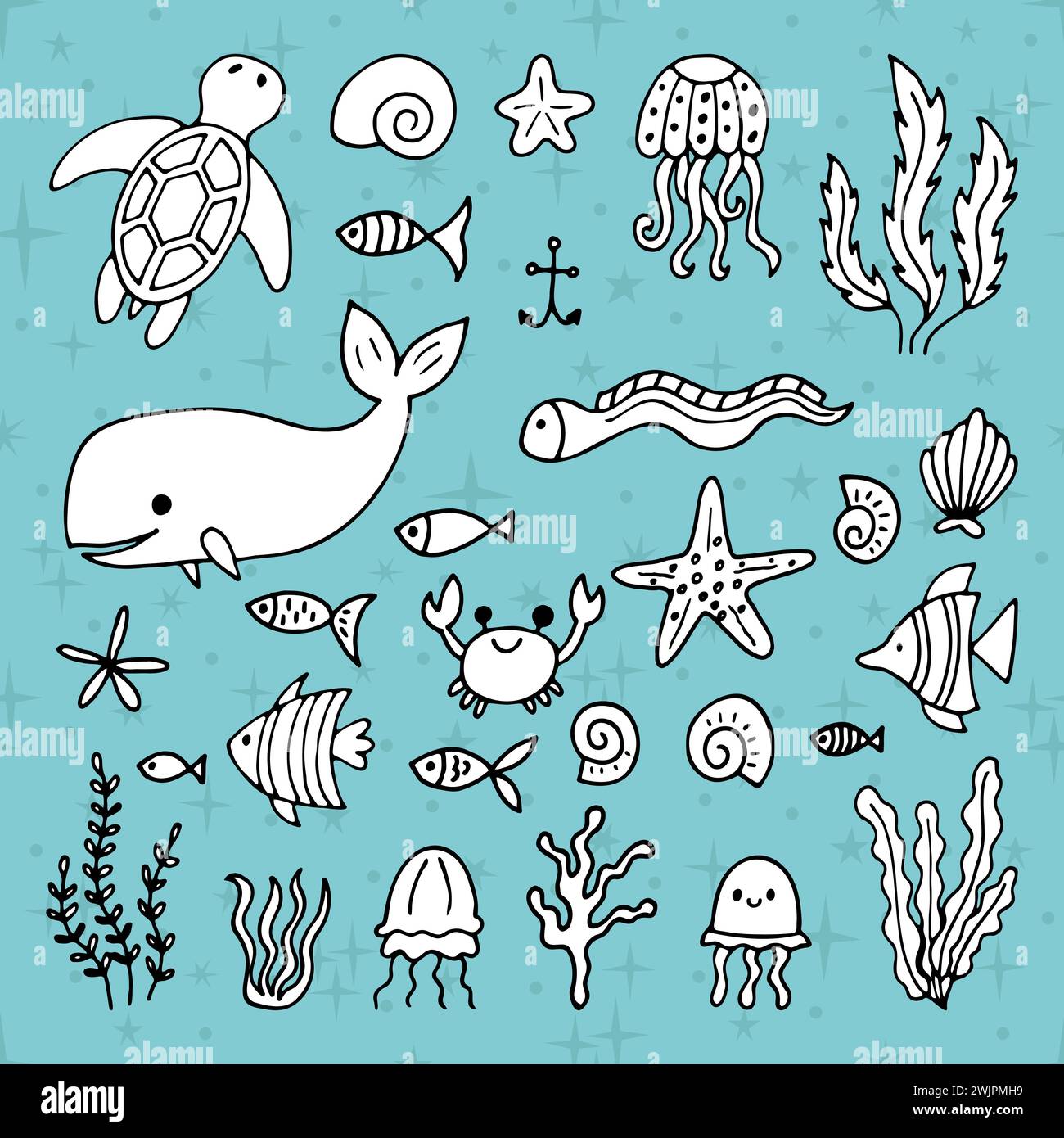 Set of sea animals in hand drawn style. Ocean life. Underwater, under ...