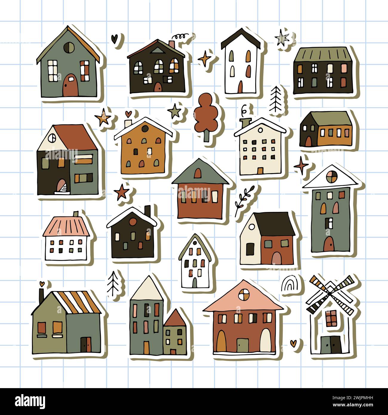 Set of cute hand drawn houses. Collection of sketched buildings. Doodle ...