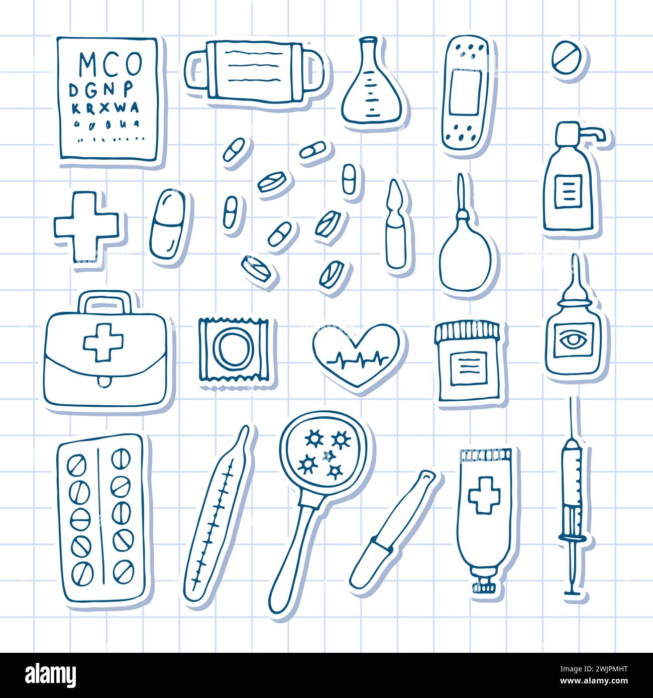 Hand drawn medicine icons. Health care, pharmacy, first aid. Outline ...