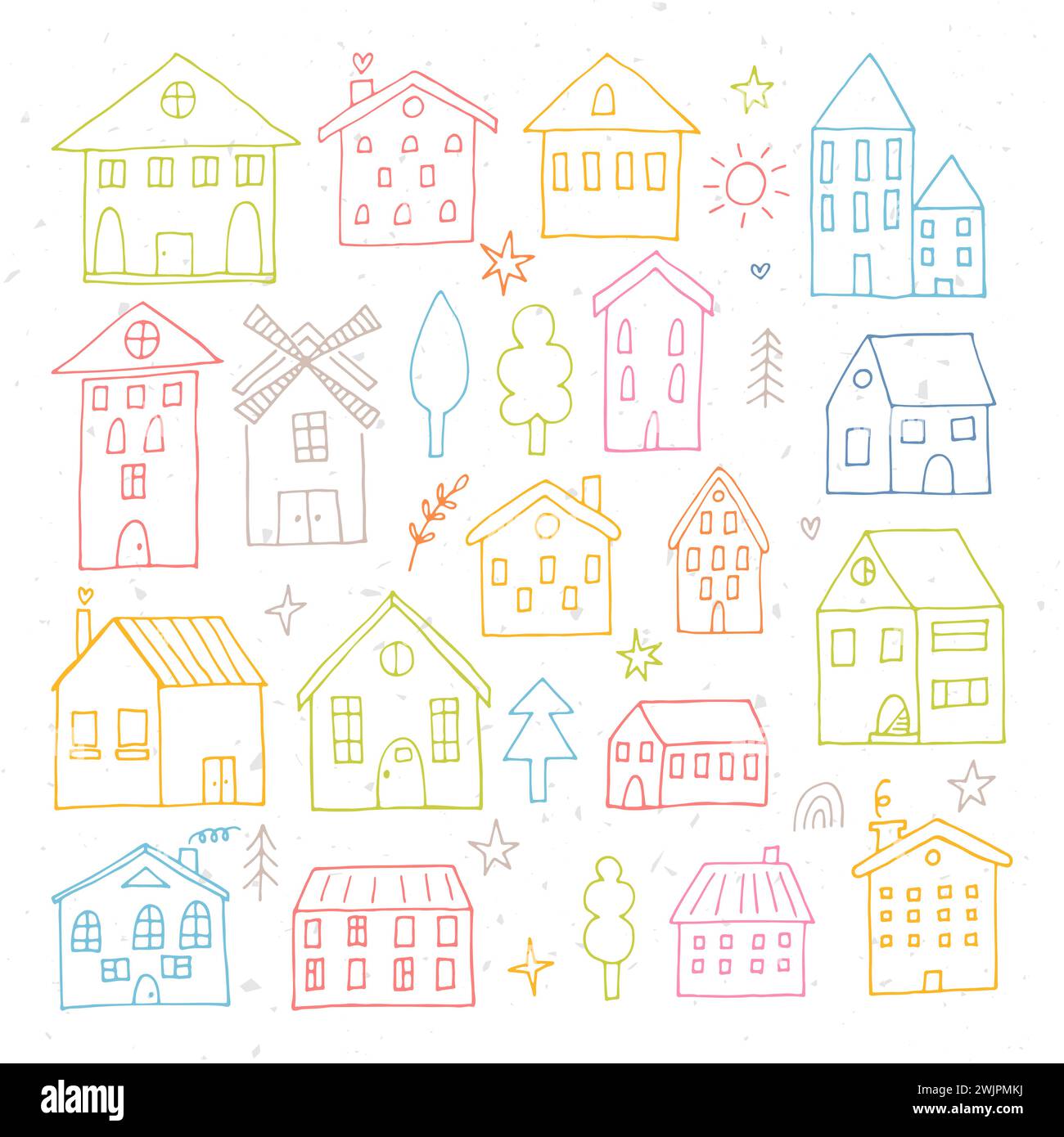 Collection of coloured hand drawn houses. Set of sketched buildings. Doodle style. Vector ...