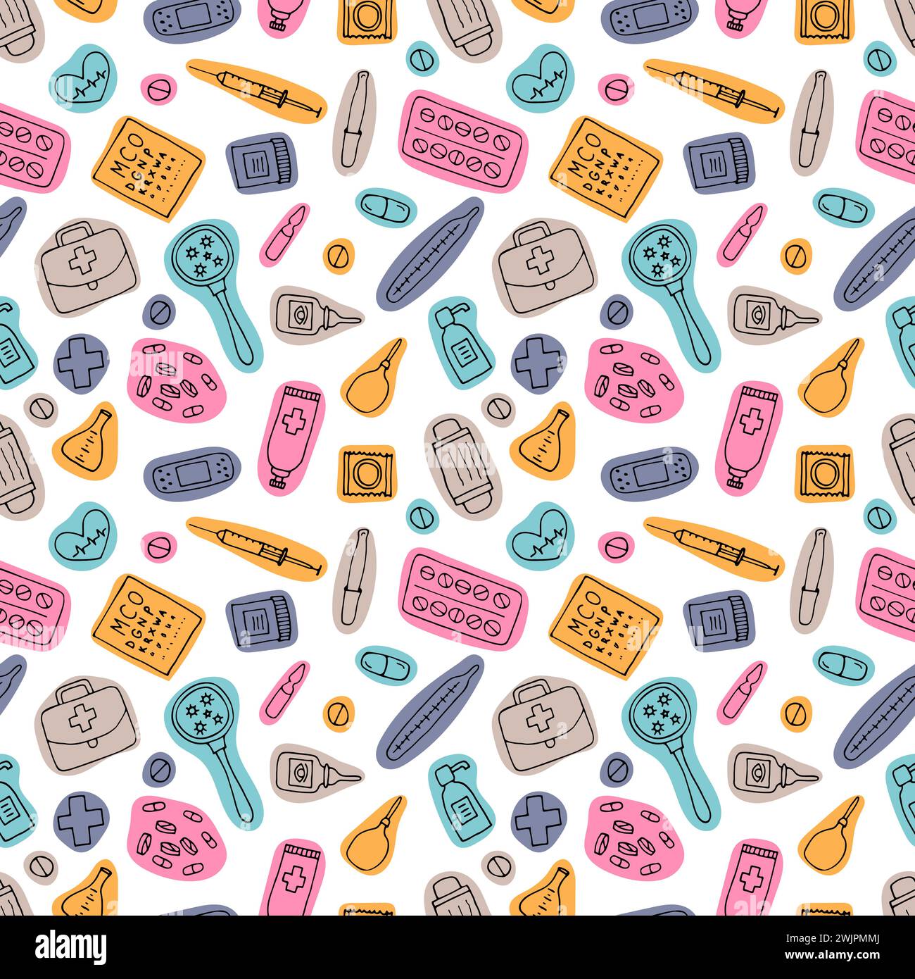 Health care seamless pattern. Hand drawn medicine elements. Pharmacy ...