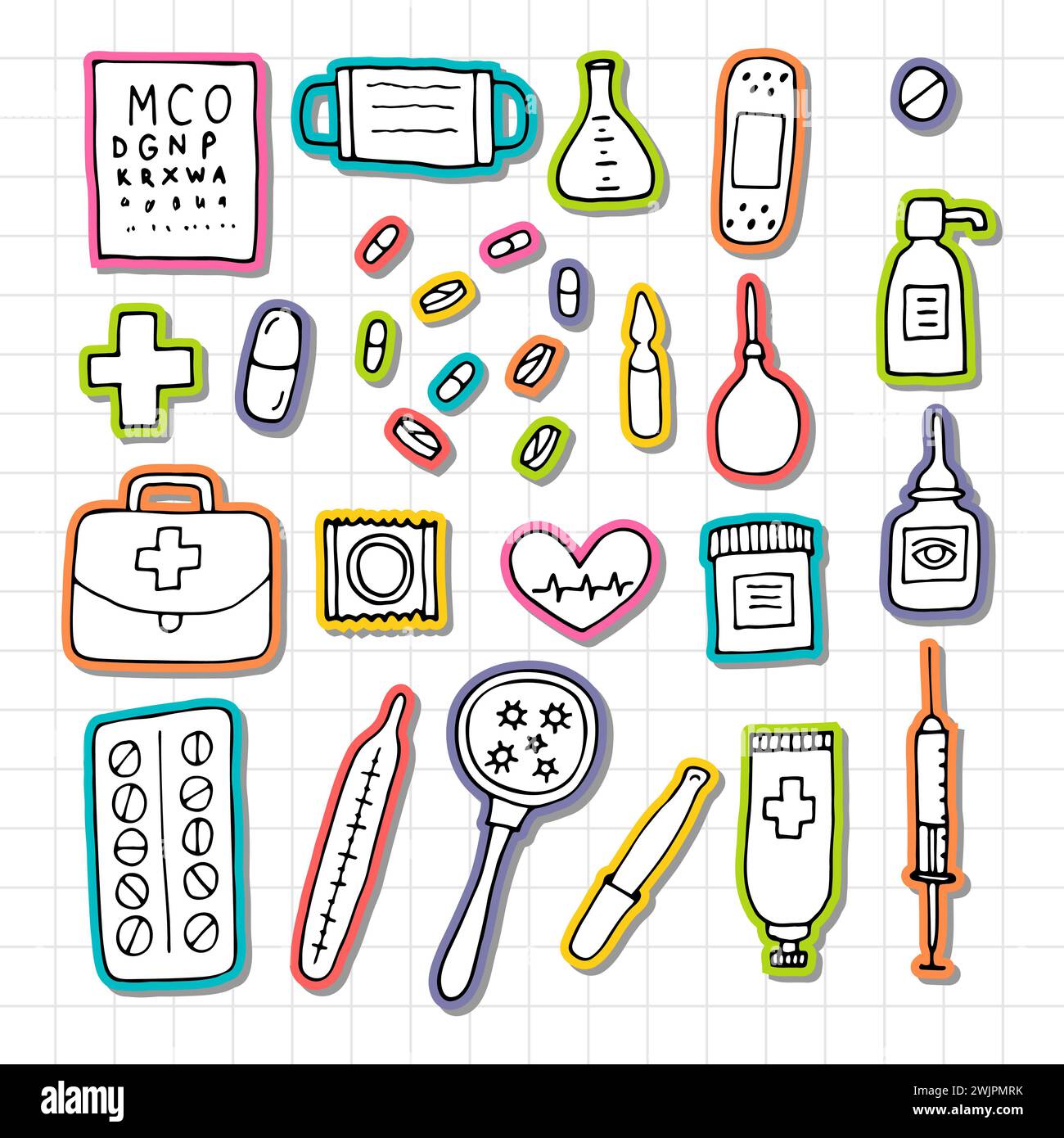 Hand drawn medicine icons. Health care, pharmacy, first aid. Outline ...