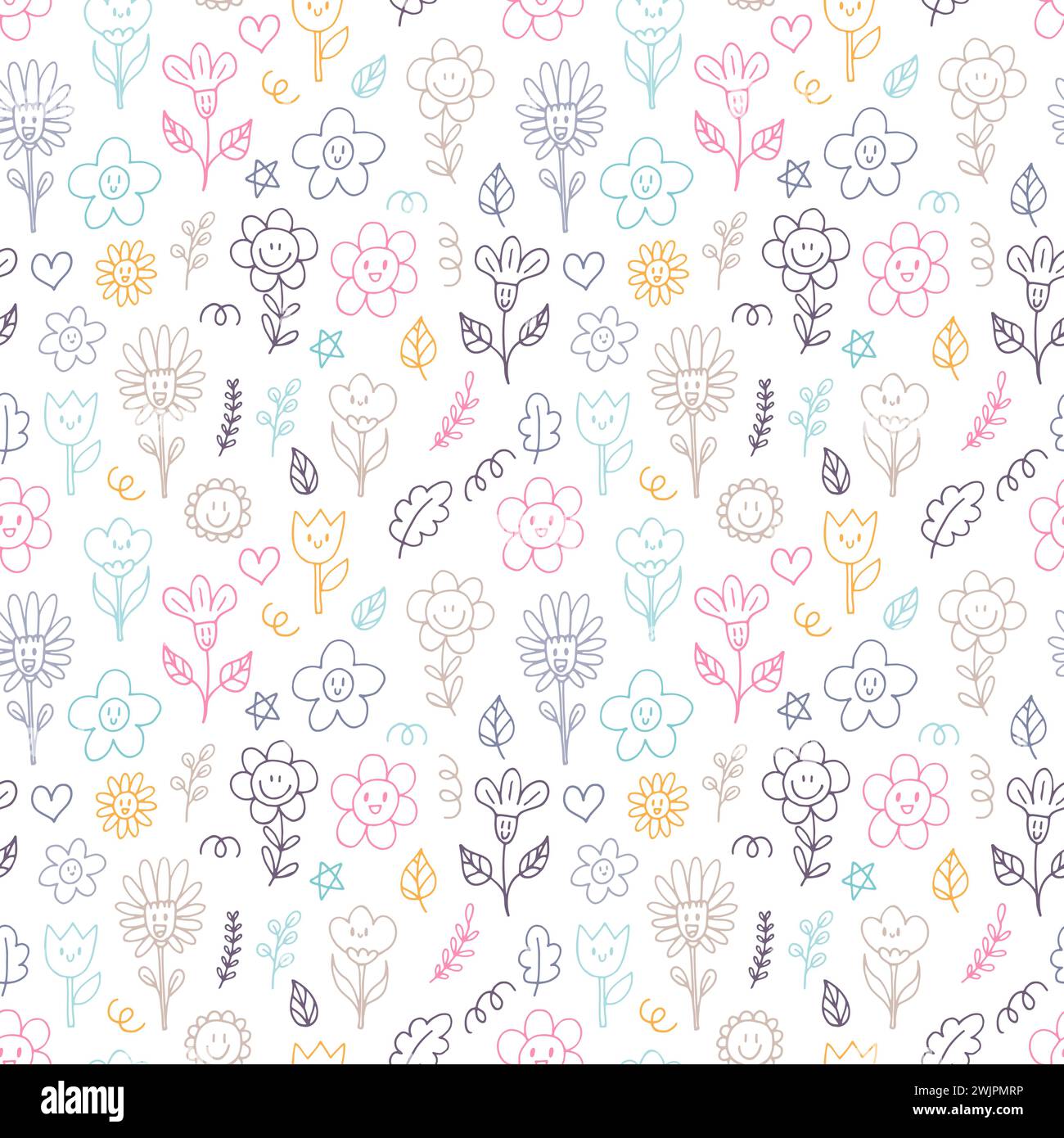 Cute seamless pattern with hand drawn happy flowers. Funny kawaii ...